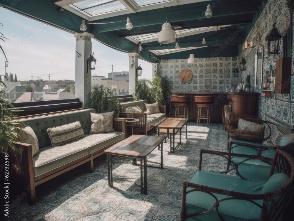 This modern rooftop bar boasts classic tile patterns and features ...
