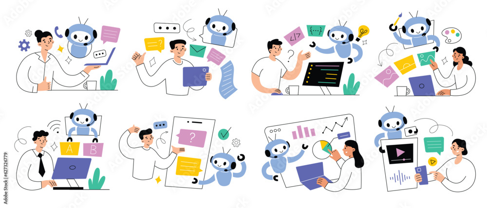 People using AI to create content. Artificial intelligence making texts ...