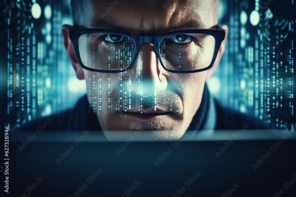 Hacker in front of his computer committing digital cybercrime ...