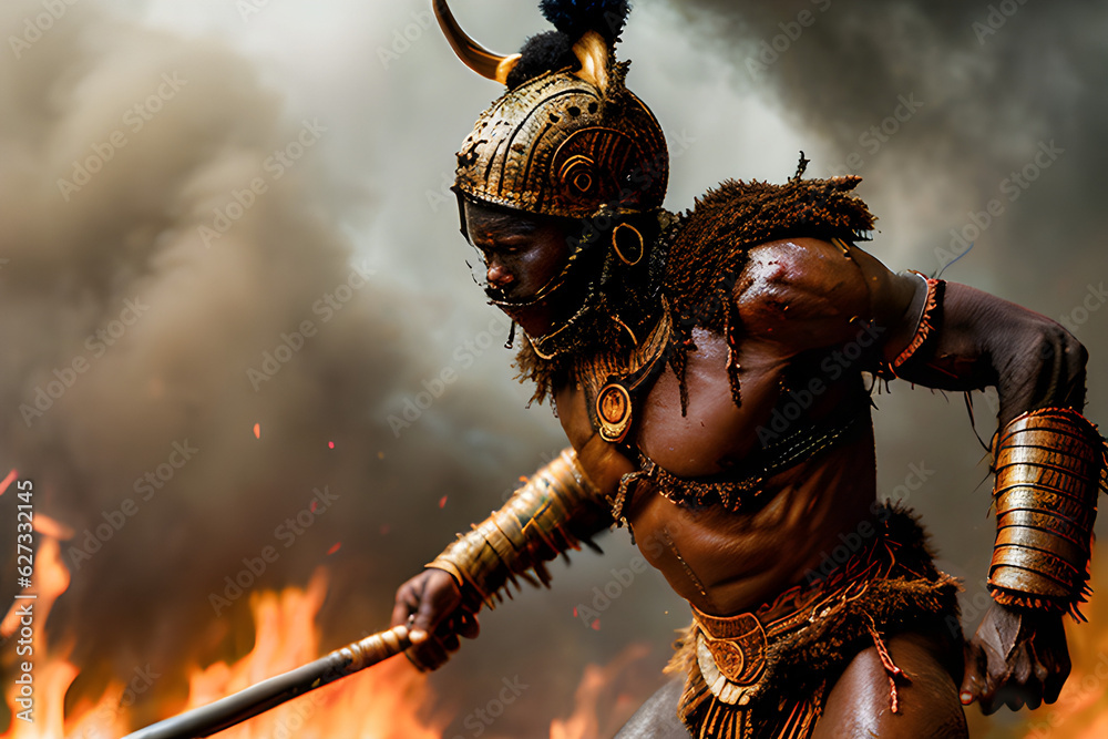 An African tribal chief warrior holding a weapon in hand fighting in ...