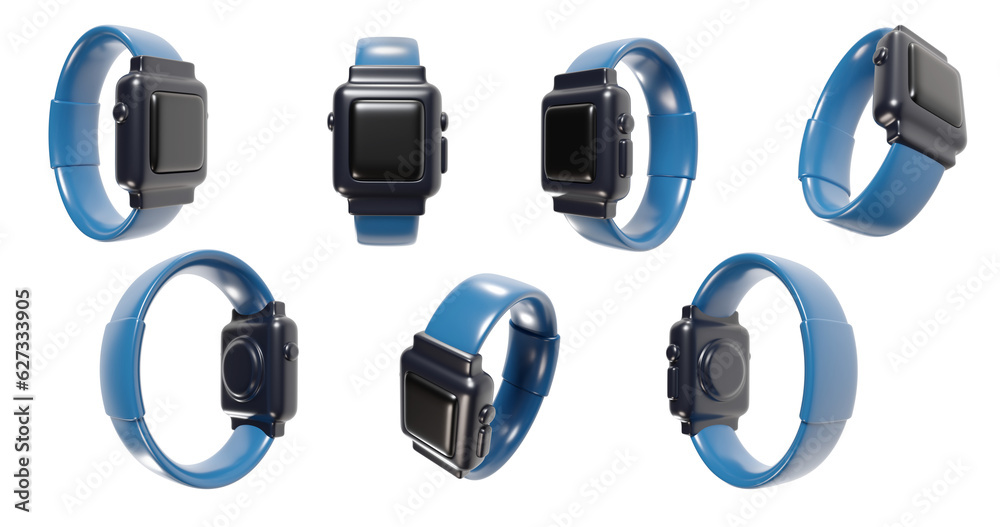 Set vivid cartoon smart watch various view isolated on white background ...