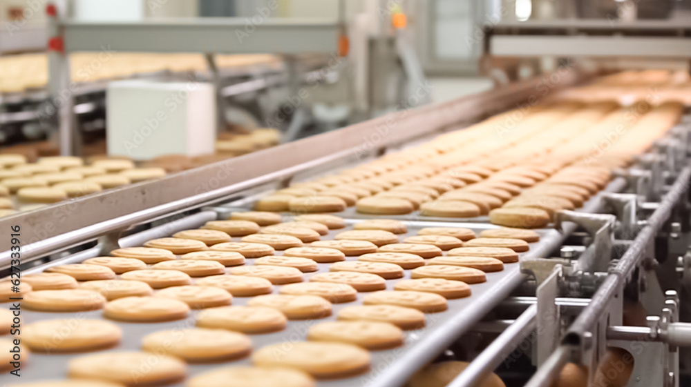 Huge factory line for sweet food and cookies production. Close up shots ...