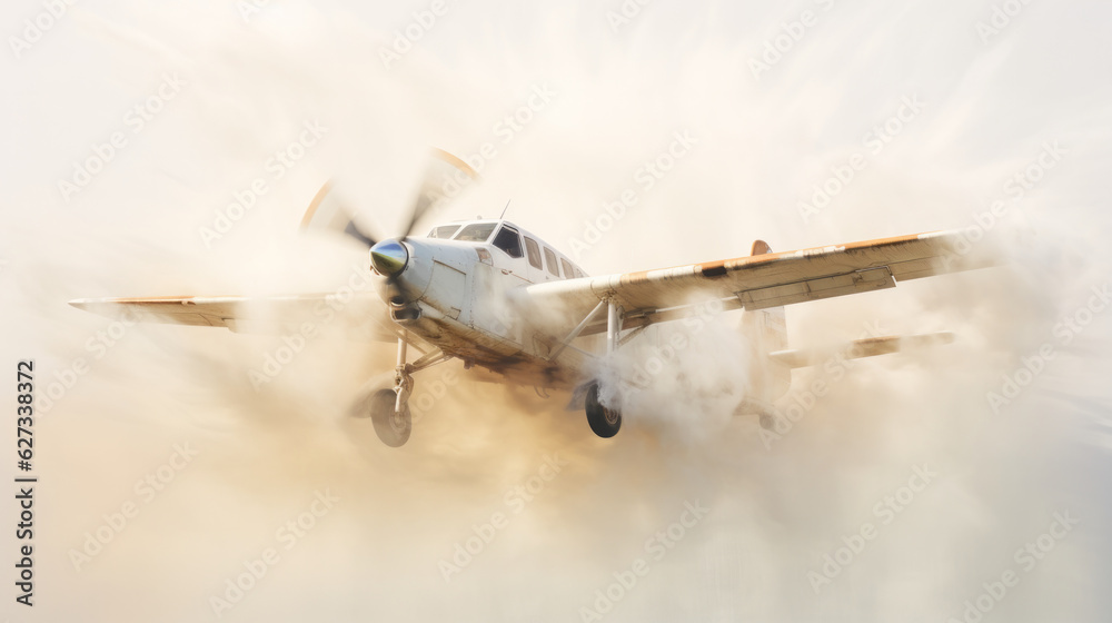 White and brown propeller plane painting on a clear ethereal abstract ...
