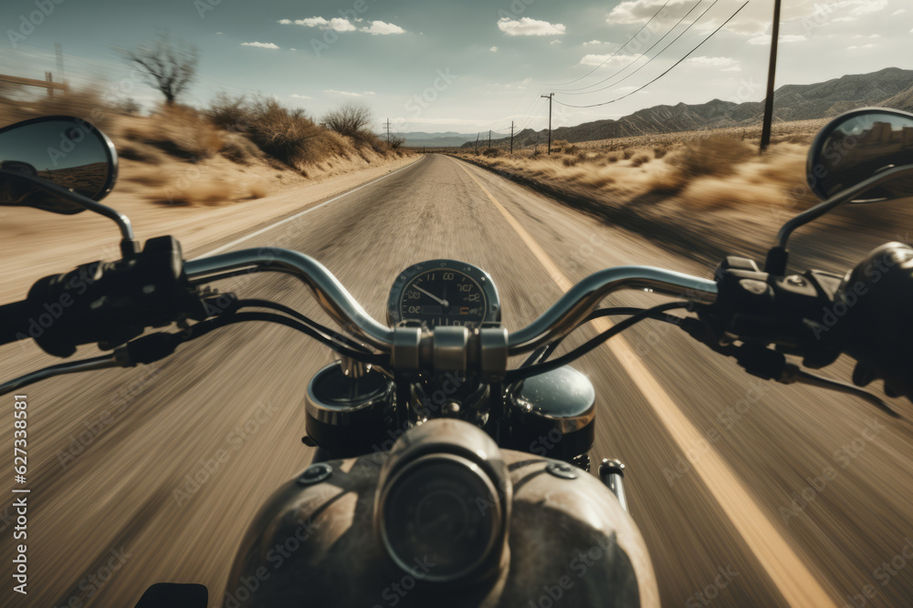 first person perspective riding a vintage motorcycle galloping on US ...
