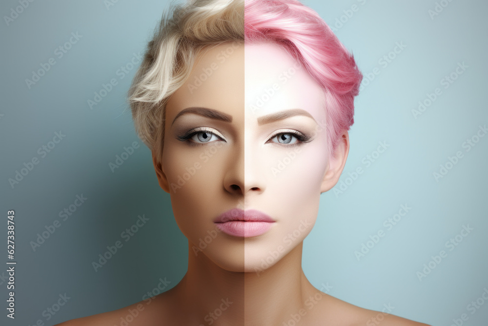 Gender transition concept with image of a frontal face split in two ...