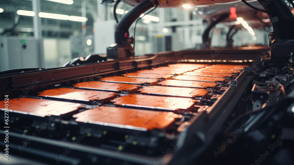 Mass production assembly line of electric car battery cells in a busy ...