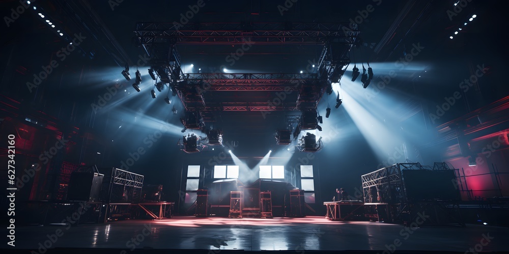 A Live stage production being built in an old warehouse. Stage rigging ...