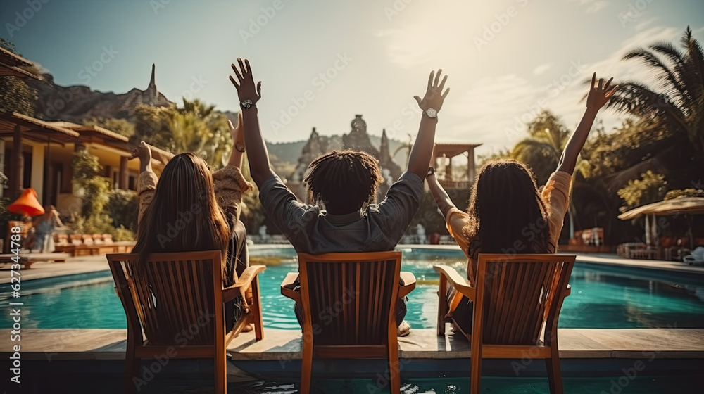 three friends are sitting on folding chairs by a pool and raising their ...
