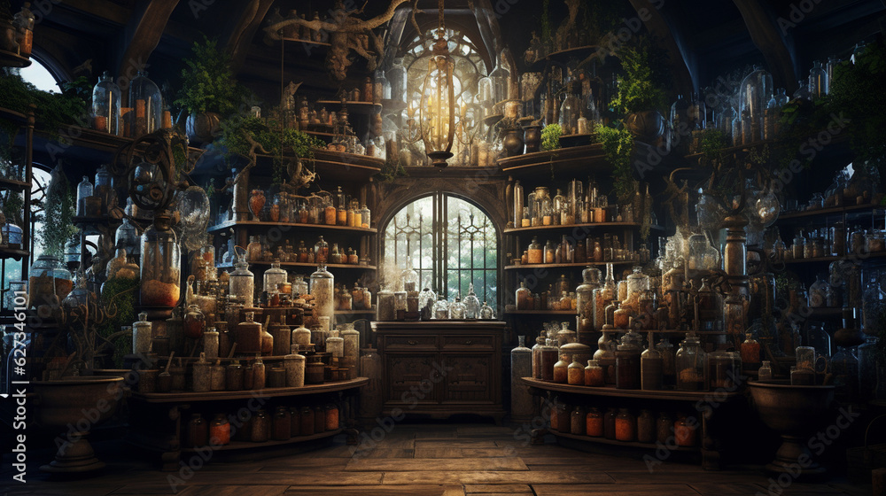 A witch's apothecary filled with shelves of magical ingredients and ...