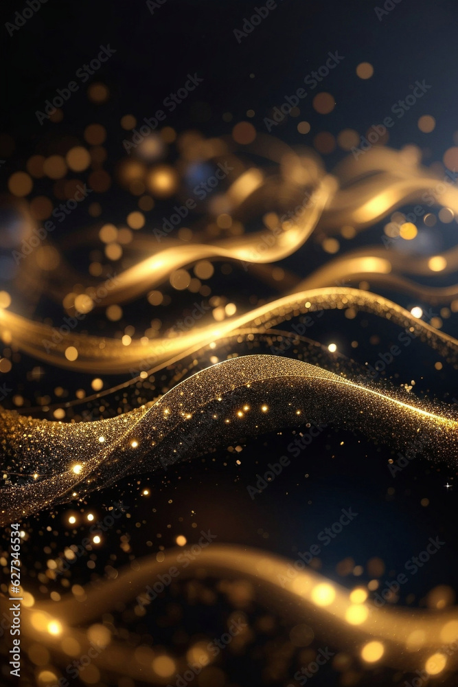 Shiny flow of glitter particles and bokeh golden shiny background on ...