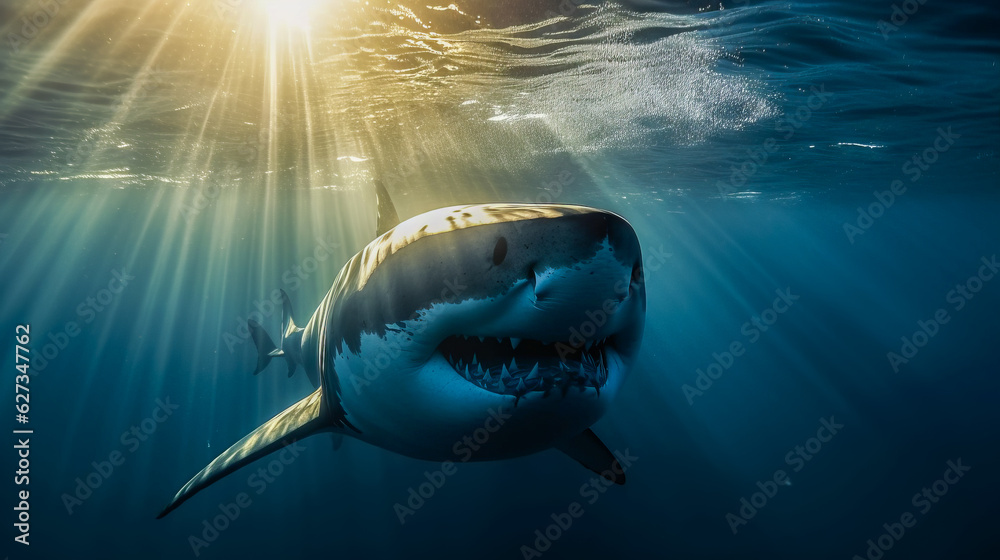 Great white shark underwater filming. Shark swims on camera under sun's ...
