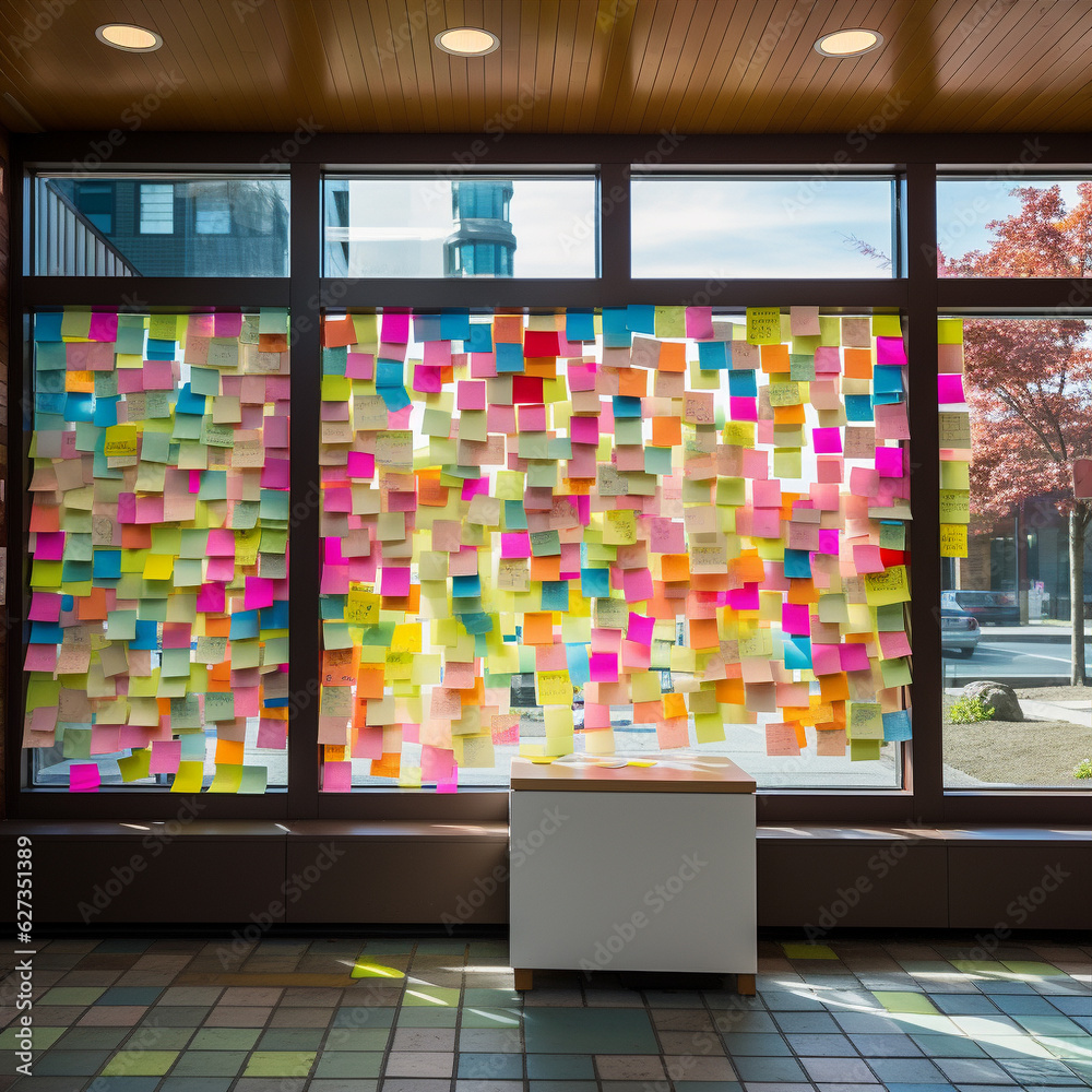 Wall covered from top to bottom with post its neon colorful. Colorful ...