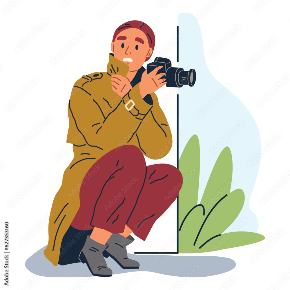 Working as detective of photographer concept. Young woman cartoon ...