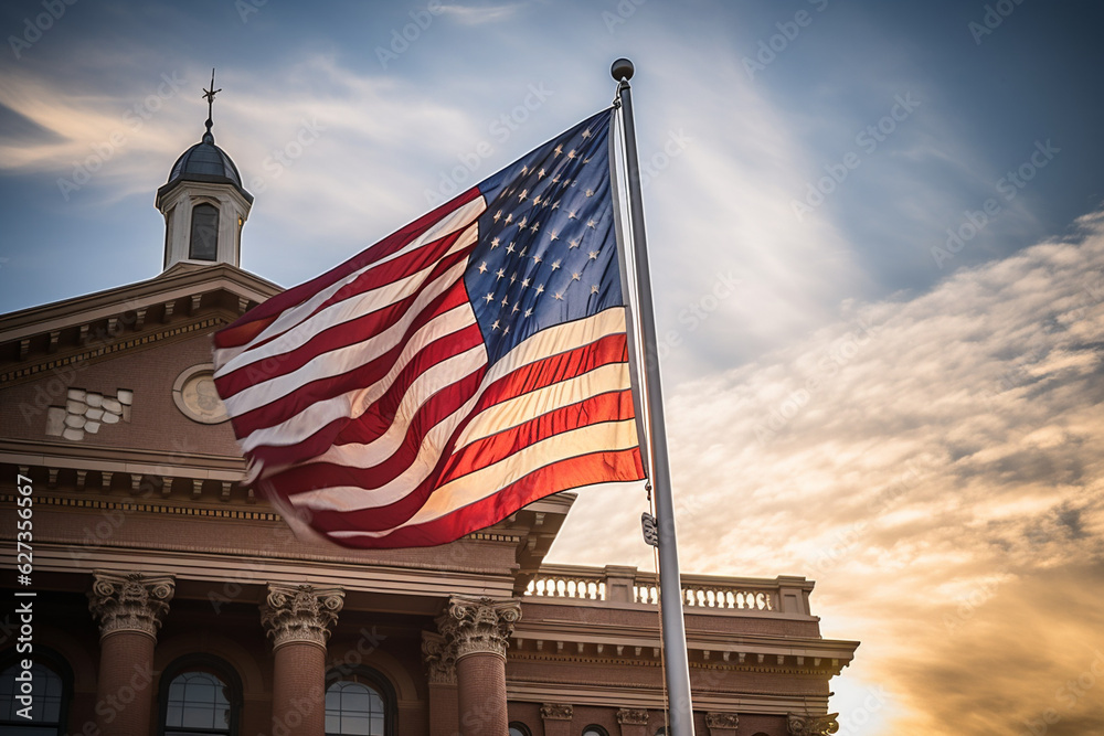 The USA flag displayed atop a historic courthouse in a small town ...