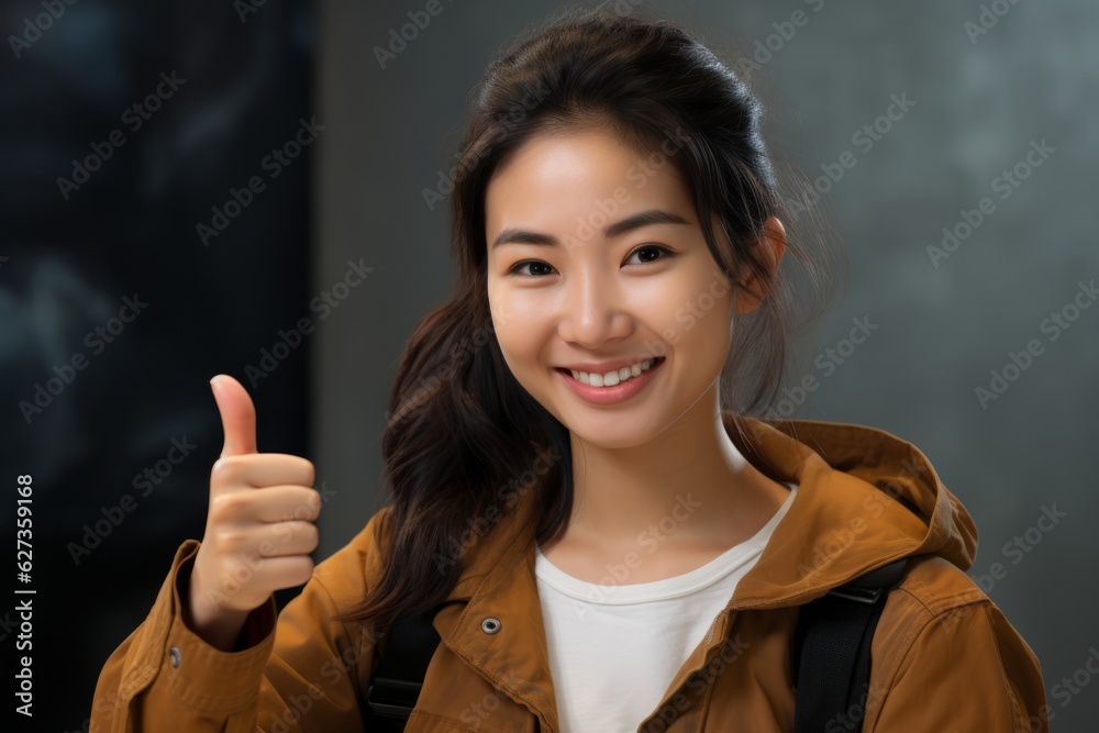 Happy excited Asian girl show thumbs up young smiling Japanese female ...