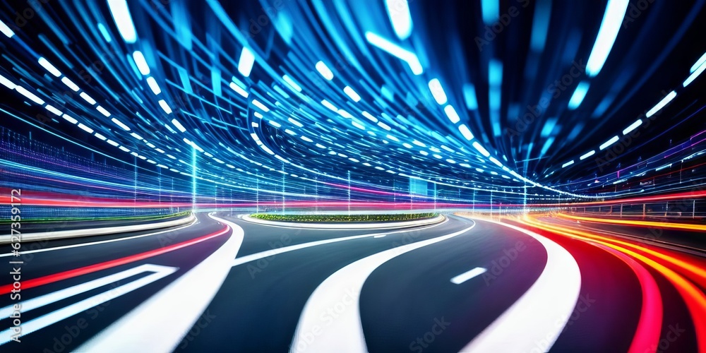 City street with binary code numbers on motion blurred asphalt road ...