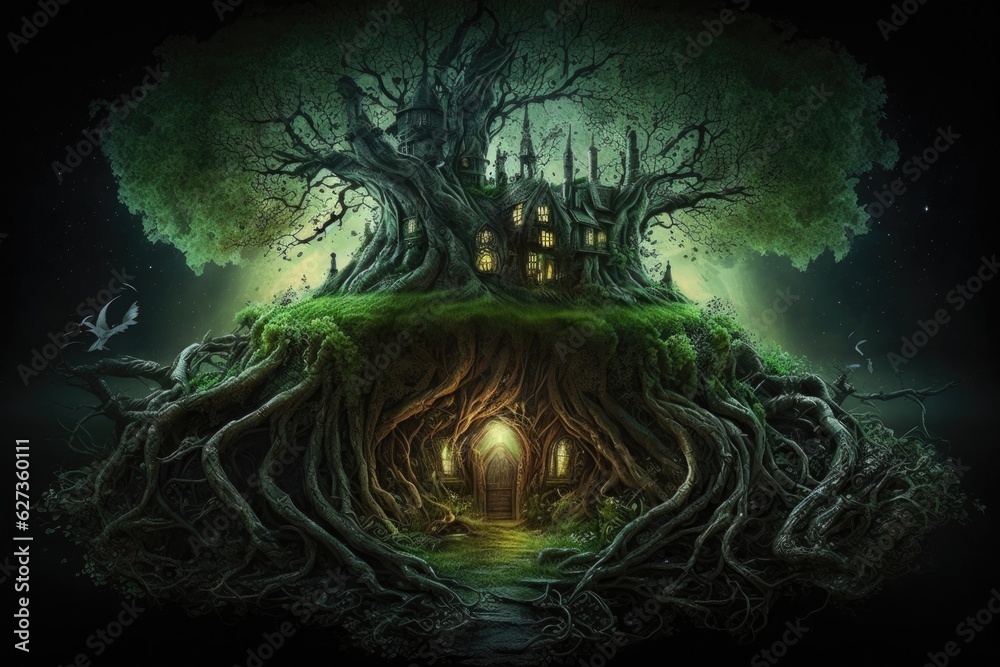 Halloween background with haunted house and tree roots Stock ...