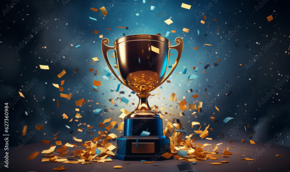 Gold first place winners trophy with falling confetti and streamers ...