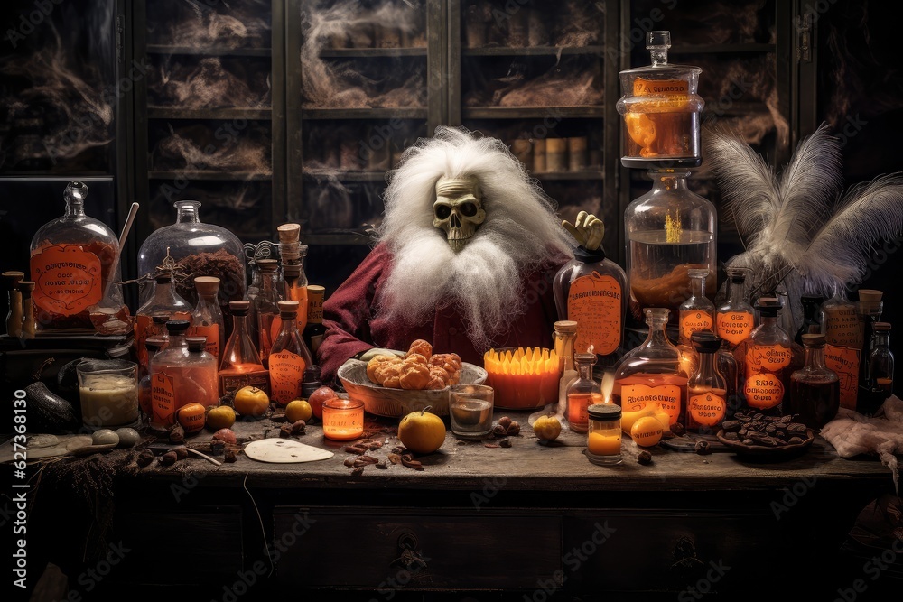 mad scientist several cocktails fruits Halloween, generative artificial ...