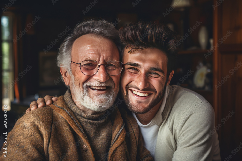 Adult hipster son fun hugging old senior father at home, two ...