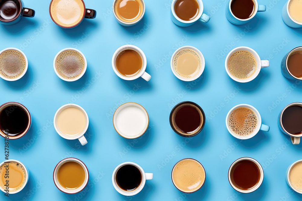 Top view of different mugs with assorted coffee varieties isolated on ...