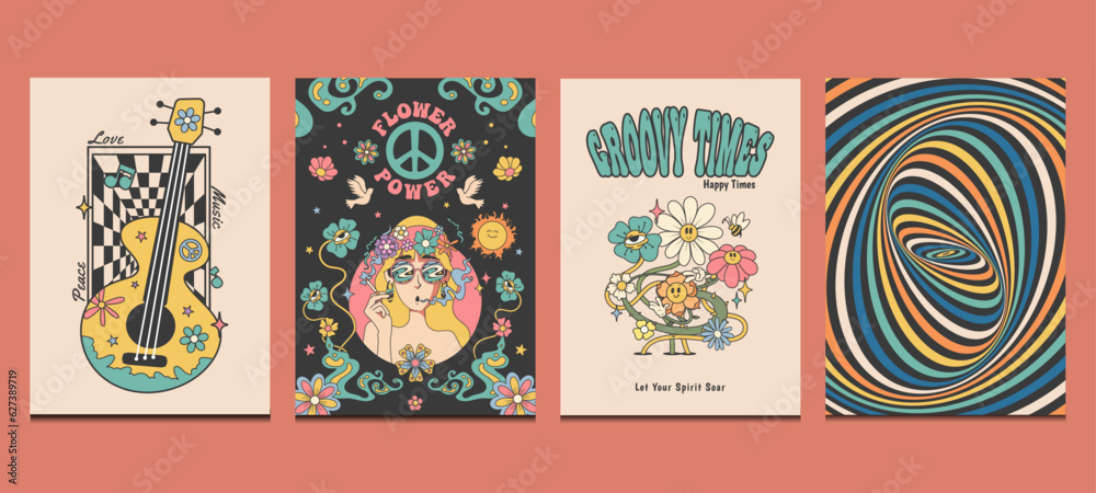 groovy hippie 70s posters, retro posters with psychedelic art, vector ...