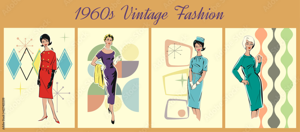 1960s Retro Style Woman Outlook Fashion Posters Set. Mid Century Modern ...