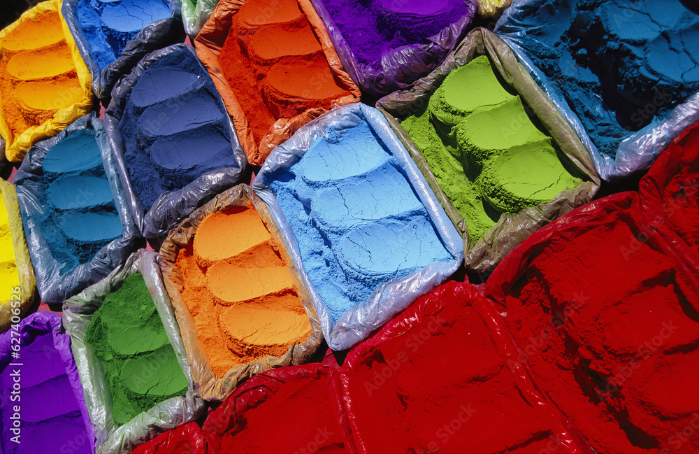 Colourful dyes for sale on the streets of Kathmandu; Kathmandu, Nepal ...
