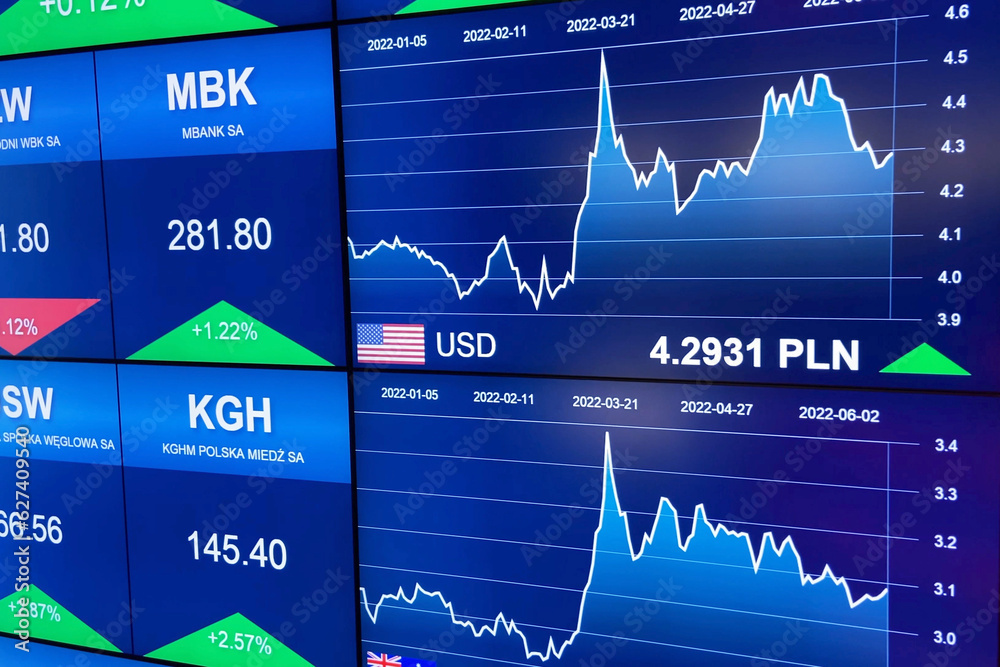 Display stock market information. Finance Graph of the sale of currencies on the LED screen in ...