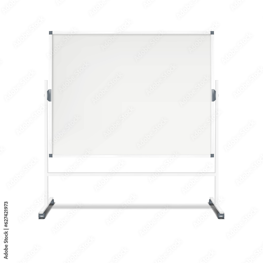 Blank whiteboard on wheeled stand vector mock-up. Revolving flipchart ...