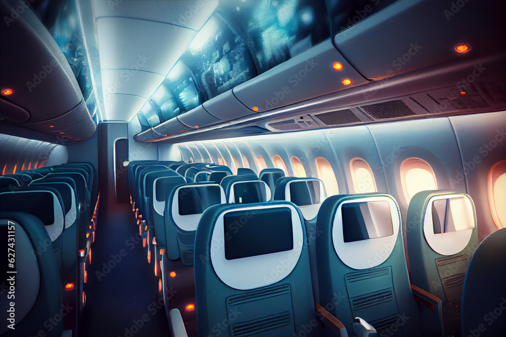 Aircraft cabin interior, economy class. Generated by artificial ...