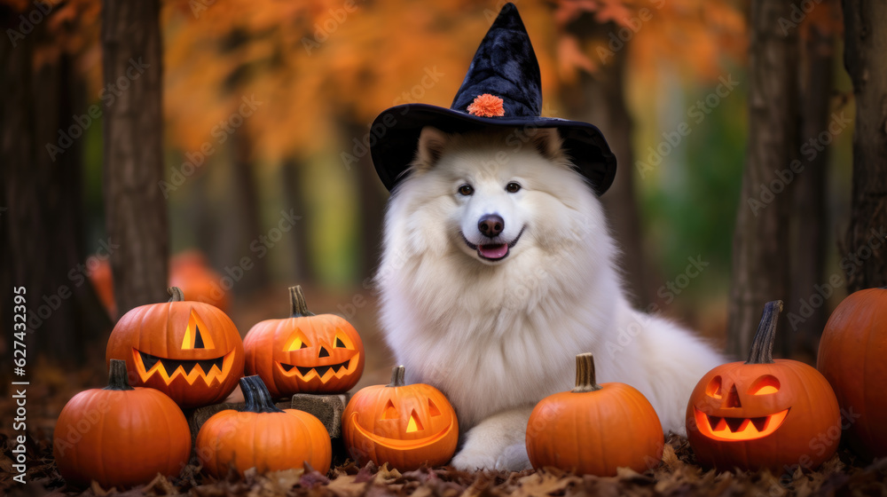 Samoyed breed dog in Halloween costume in the woods surrounded by ...