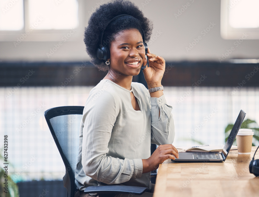 Portrait, call center and laptop with a black woman consultant working in her telesales office ...