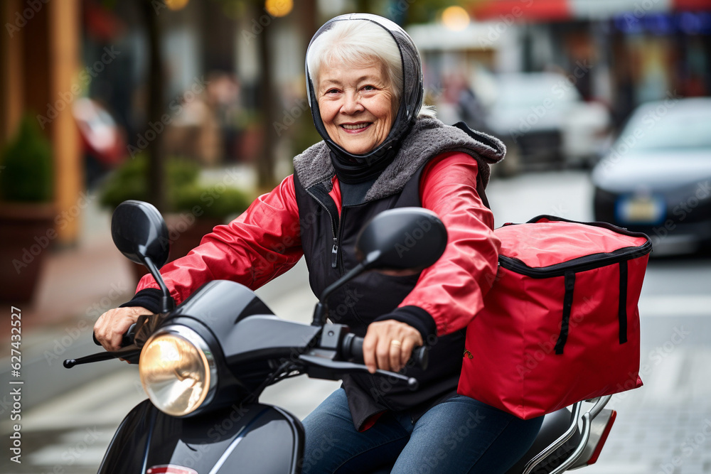 Elderly woman is a food delivery man. Delivery woman driving scooter ...