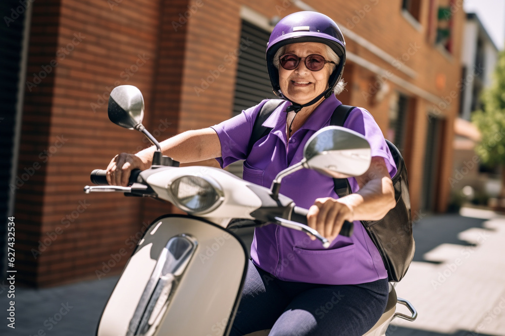 Elderly woman is a food delivery man. Delivery woman driving scooter ...
