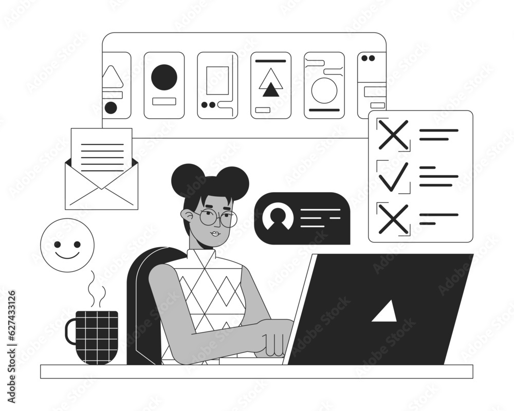 Multitask freelancer bw concept vector spot illustration. Remote work. Busy woman working on ...