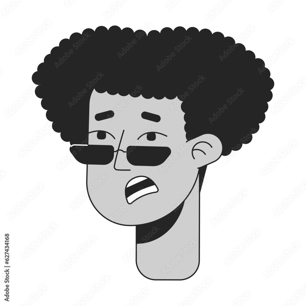 Scared young man with afro curls monochrome flat linear character head ...