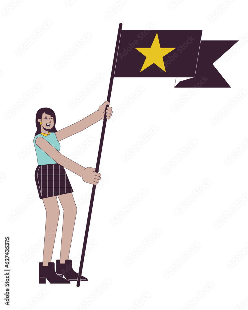 Excited fangirl cheering with flag flat line color vector character ...
