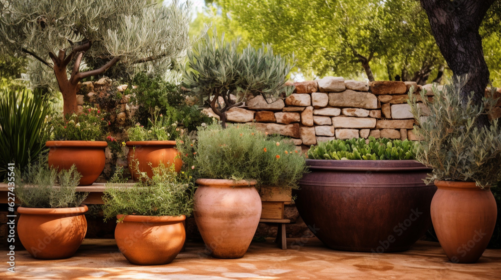 A Mediterranean-inspired garden with terracotta pots, olive trees, and ...