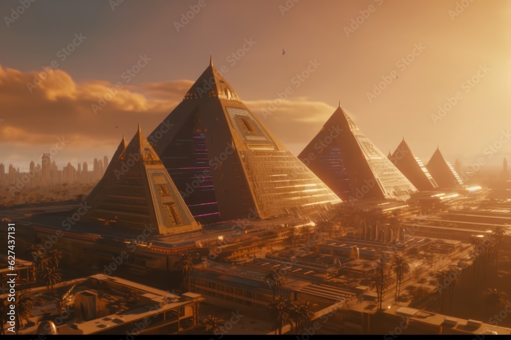Futuristic ancient egyptian city with huge pyramids and high tech ...