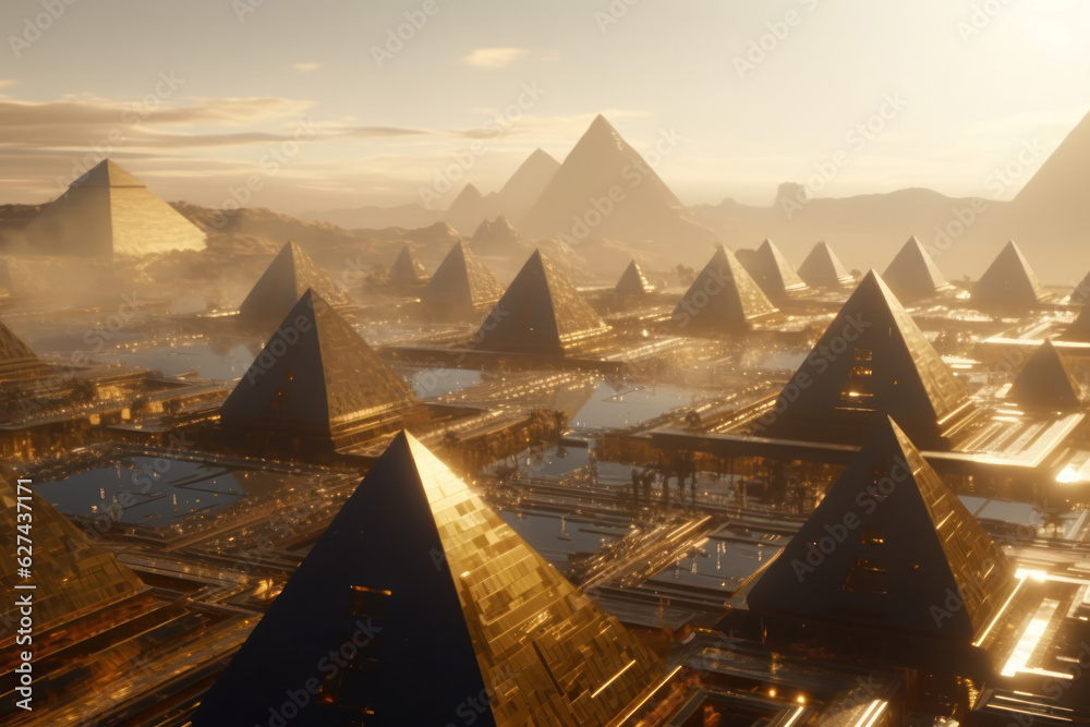 Futuristic ancient egyptian city with huge pyramids and high tech ...
