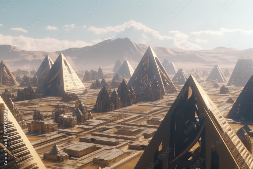 Futuristic ancient egyptian city with huge pyramids and high tech ...