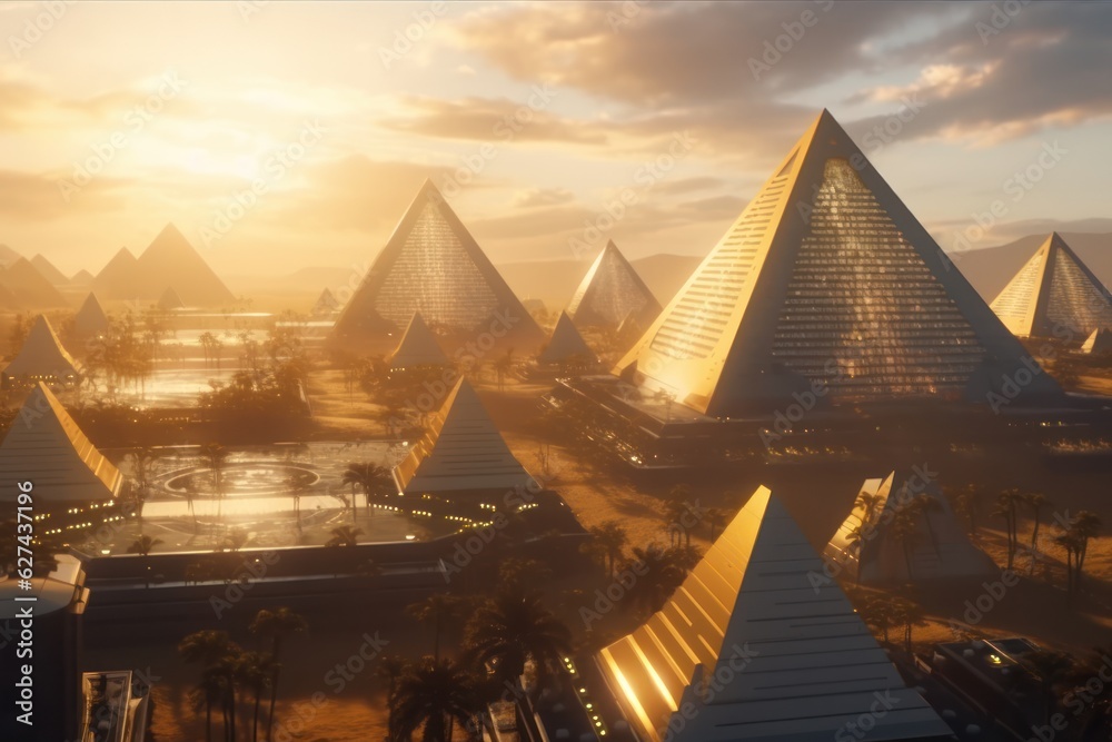 Futuristic ancient egyptian city with huge pyramids and high tech ...