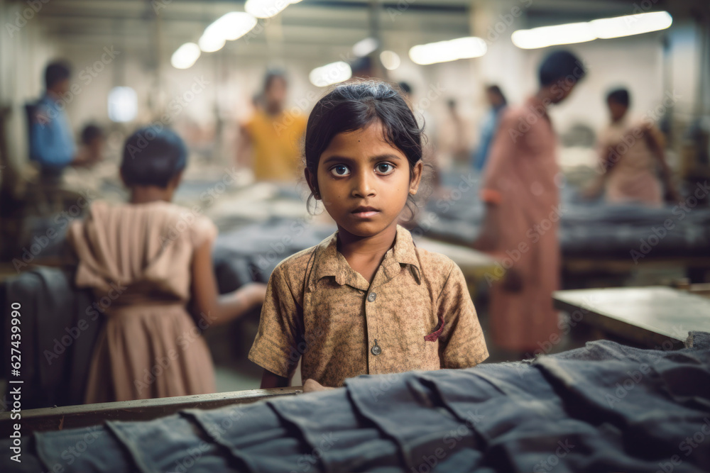 Small Indian girl portrait with blurred textile factory background ...