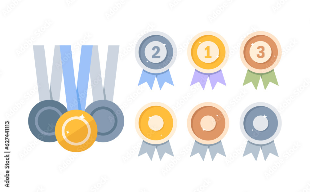 Gold, silver and bronze medals. Metal awards, winner badges for first ...