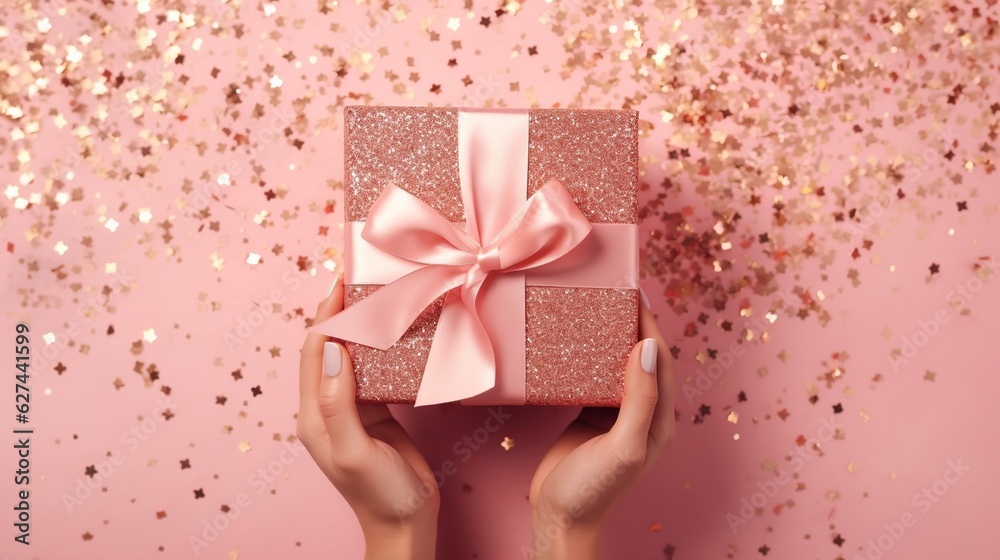 First person top view photo of female hands tying pink ribbon bow on ...
