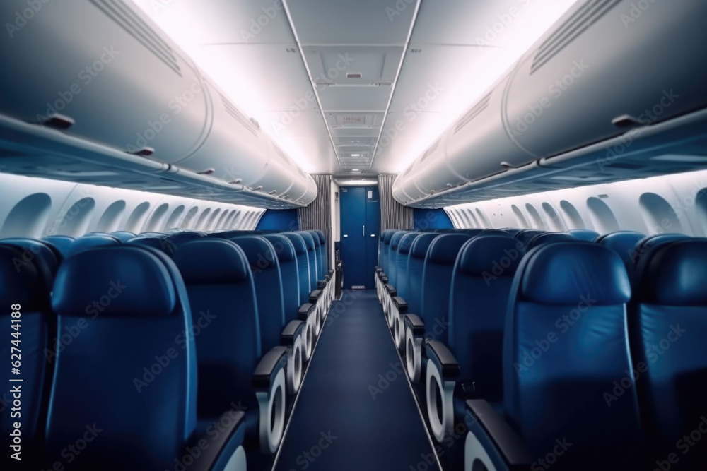 Interior of modern aircraft with flight seats and hallway in daytime ...