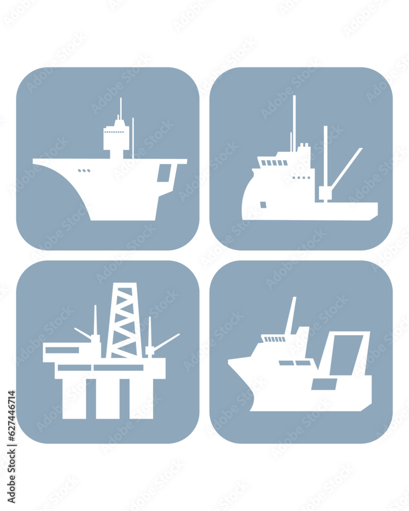 Collection of ship icons. Aircraft carrier, ofshore ship, oil rig ...