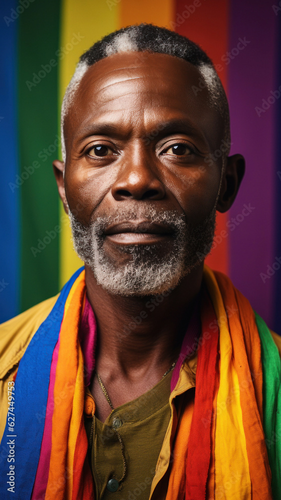 Portrait of multi ethnic man on rainbow colour background. This ...