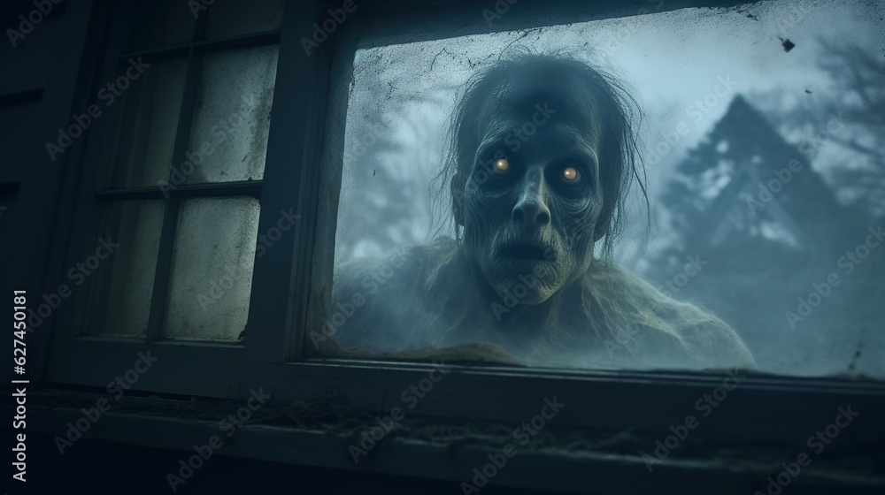 Undead with glowing eyes. Zombie peeks through the window and looks at ...